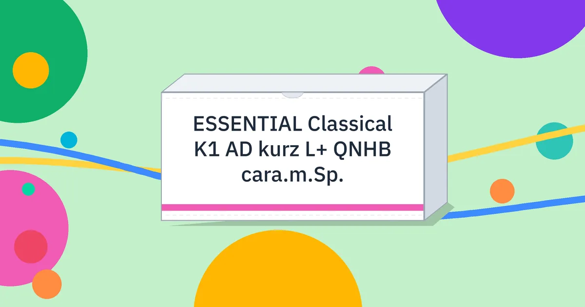 Symbolbild: Packung mit der Aufschrift ESSENTIAL Classical K1 AD kurz L+ QNHB cara.m.Sp. (PZN 18866929) – Verfügbarkeit und Bezug in Apotheken in Frankfurt am Main