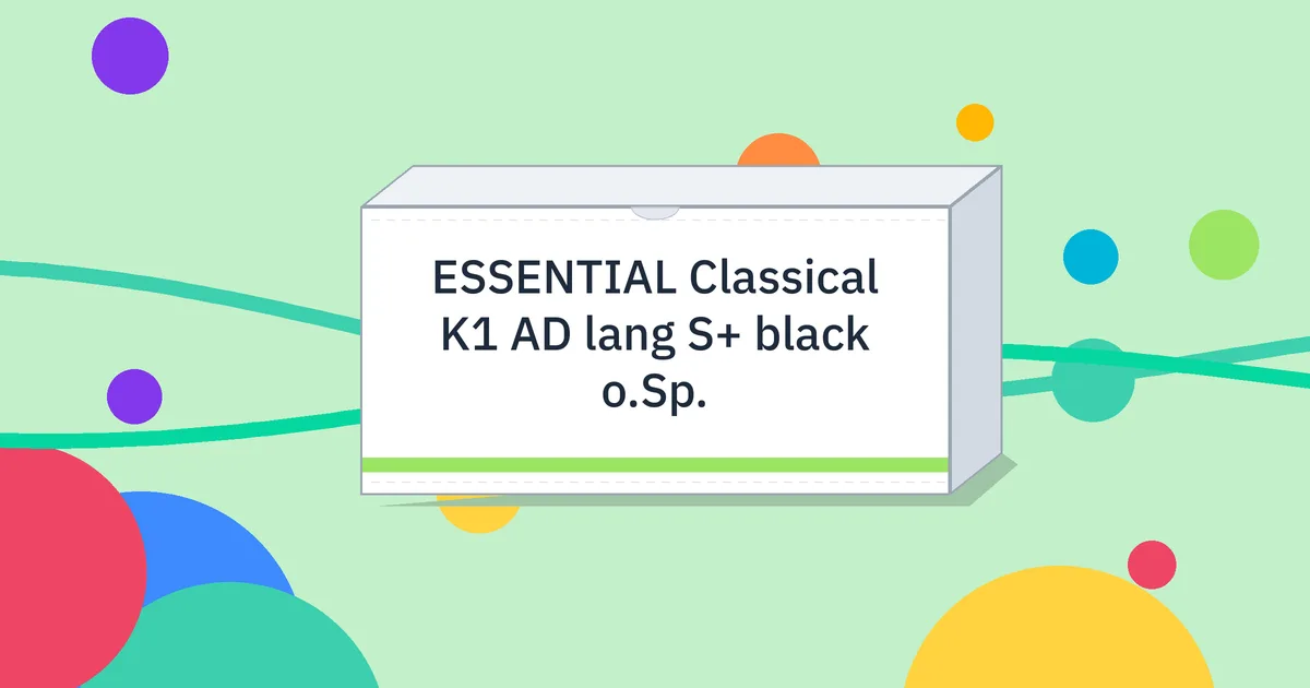 Symbolbild: Packung mit der Aufschrift ESSENTIAL Classical K1 AD lang S+ black o.Sp. (PZN 17004203) – Verfügbarkeit und Bezug in Apotheken in Frankfurt am Main