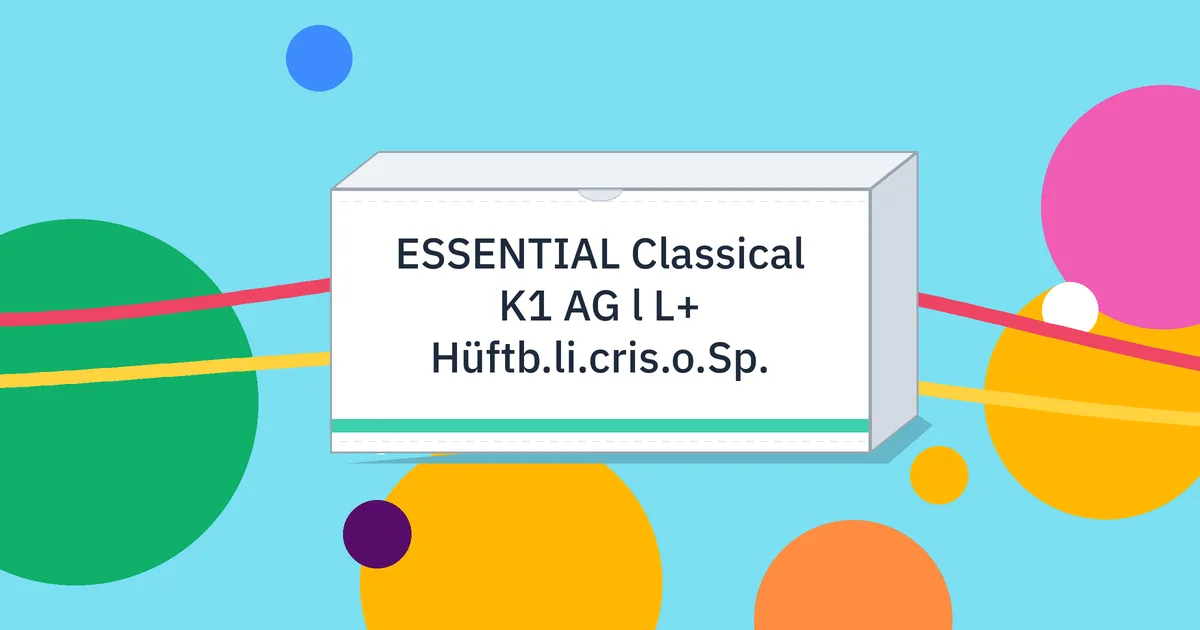 Symbolbild: Packung mit der Aufschrift ESSENTIAL Classical K1 AG l L+ Hüftb.li.cris.o.Sp. (PZN 17012071) – Verfügbarkeit und Bezug in Apotheken in Frankfurt am Main