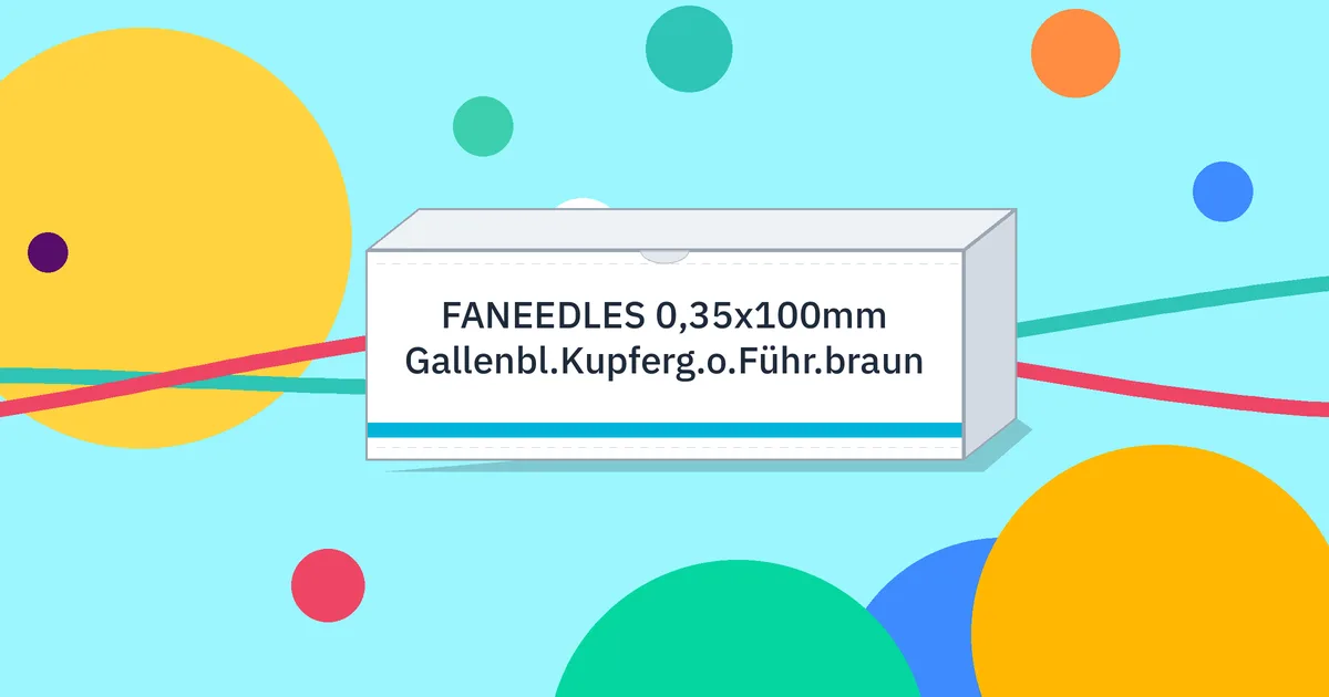 Symbolbild: Packung mit der Aufschrift FANEEDLES 0,35x100mm Gallenbl.Kupferg.o.Führ.braun (PZN 20044844) – Verfügbarkeit und Bezug in Apotheken in Frankfurt am Main