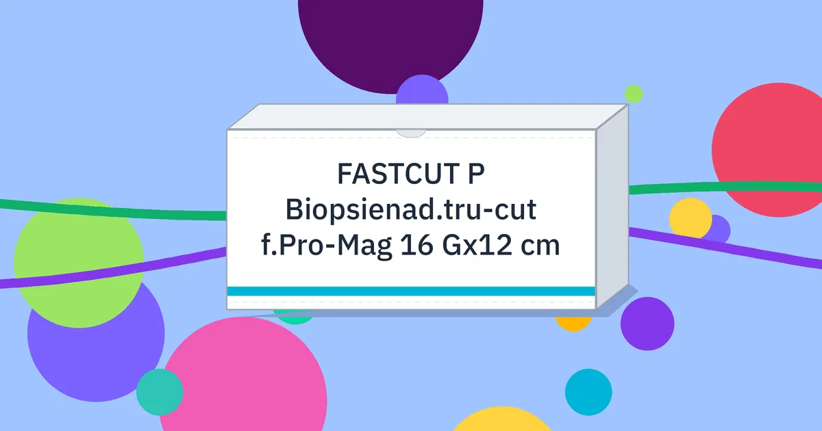 Symbolbild: Packung mit der Aufschrift FASTCUT P Biopsienad.tru-cut f.Pro-Mag 16 Gx12 cm (PZN 16087397) – Verfügbarkeit und Bezug in Apotheken in Frankfurt am Main