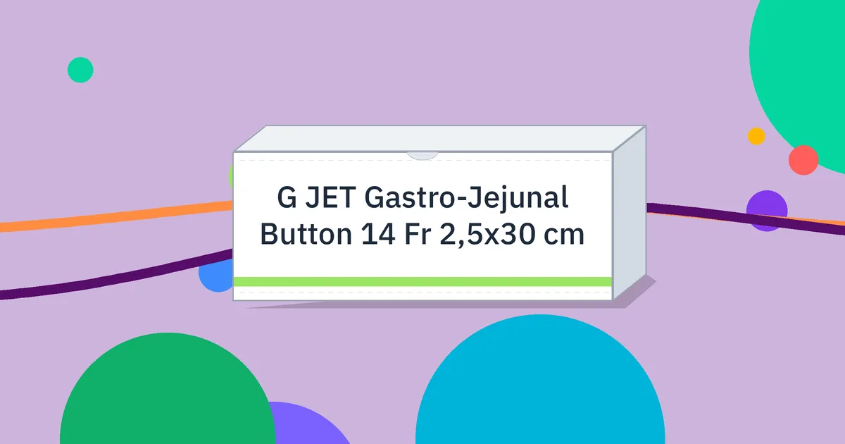 Symbolbild: Packung mit der Aufschrift G JET Gastro-Jejunal Button 14 Fr 2,5x30 cm (PZN 14346564) – Verfügbarkeit und Bezug in Apotheken in Frankfurt am Main