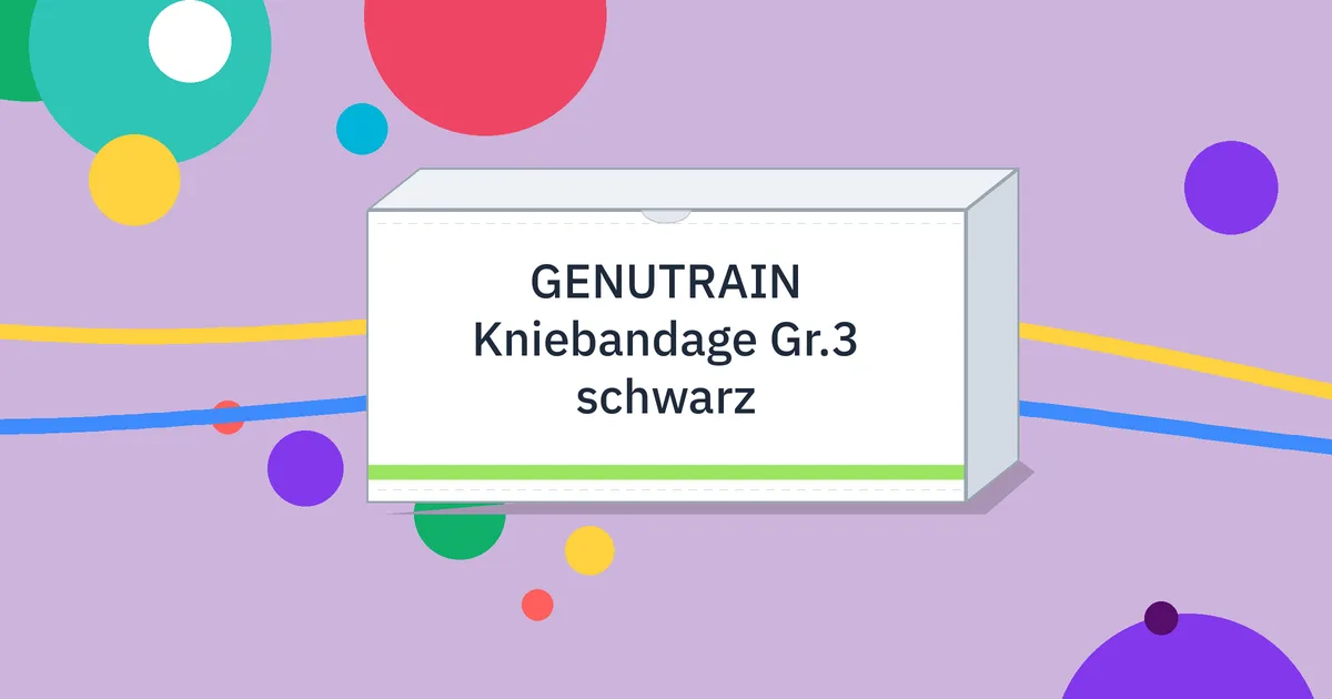 Symbolbild: Packung mit der Aufschrift GENUTRAIN Kniebandage Gr.3 schwarz (PZN 07551499) – Verfügbarkeit und Bezug in Apotheken in Frankfurt am Main