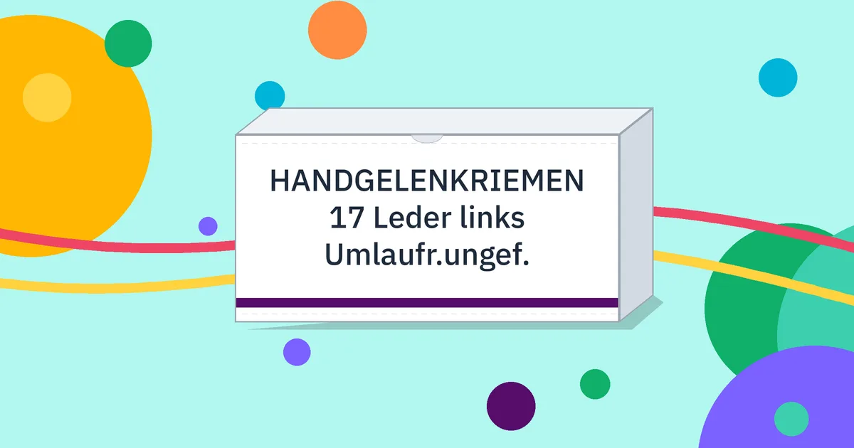 Symbolbild: Packung mit der Aufschrift HANDGELENKRIEMEN 17 Leder links Umlaufr.ungef. (PZN 03230580) – Verfügbarkeit und Bezug in Apotheken in Frankfurt am Main