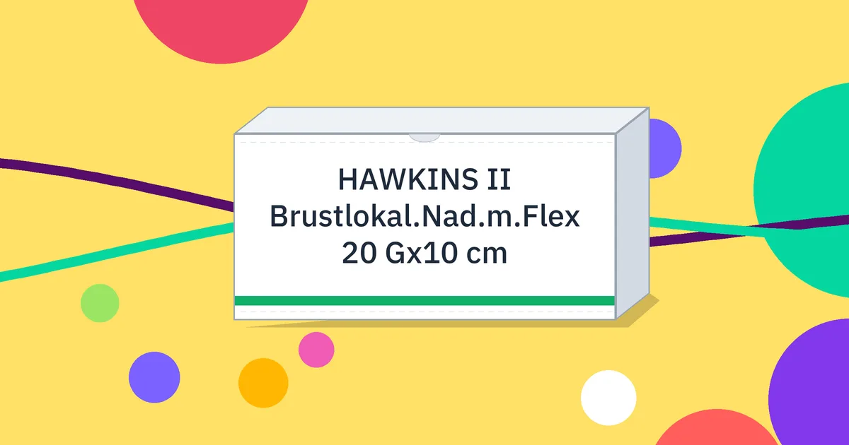 Symbolbild: Packung mit der Aufschrift HAWKINS II Brustlokal.Nad.m.Flex 20 Gx10 cm (PZN 06772146) – Verfügbarkeit und Bezug in Apotheken in Frankfurt am Main