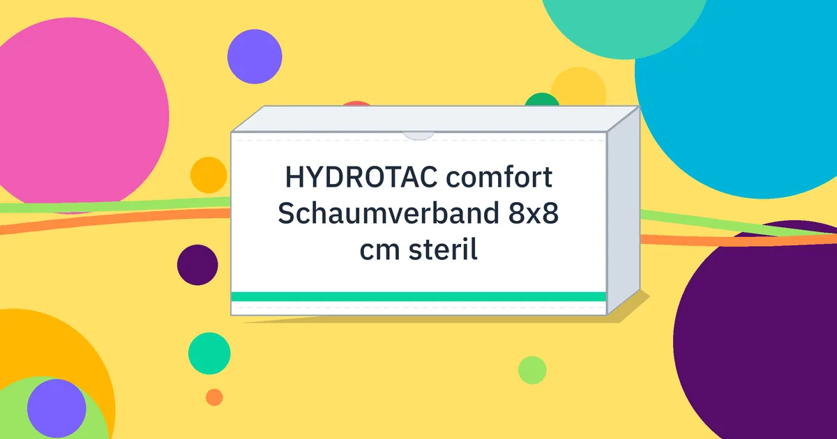 Symbolbild: Packung mit der Aufschrift HYDROTAC comfort Schaumverband 8x8 cm steril (PZN 16007671) – Verfügbarkeit und Bezug in Apotheken in Frankfurt am Main