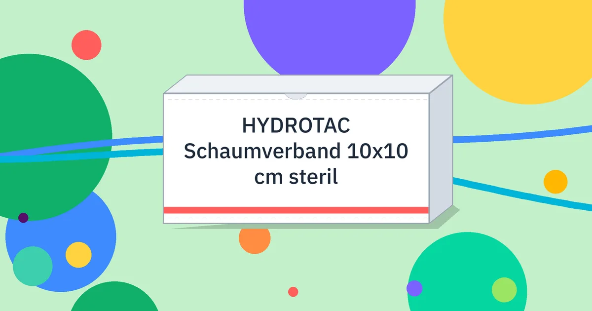 Symbolbild: Packung mit der Aufschrift HYDROTAC Schaumverband 10x10 cm steril (PZN 06941703) – Verfügbarkeit und Bezug in Apotheken in Frankfurt am Main