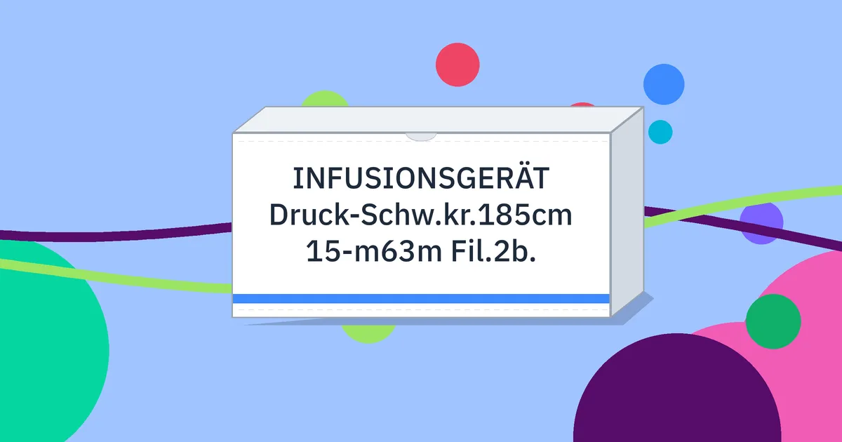 Symbolbild: Packung mit der Aufschrift INFUSIONSGERÄT Druck-Schw.kr.185cm 15-m63m Fil.2b. (PZN 17395161) – Verfügbarkeit und Bezug in Apotheken in Frankfurt am Main