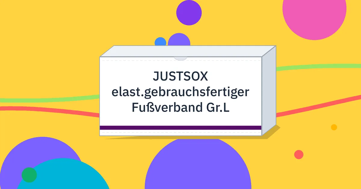 Symbolbild: Packung mit der Aufschrift JUSTSOX elast.gebrauchsfertiger Fußverband Gr.L (PZN 19180826) – Verfügbarkeit und Bezug in Apotheken in Frankfurt am Main
