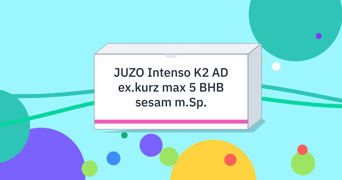 Symbolbild: Packung mit der Aufschrift JUZO Intenso K2 AD ex.kurz max 5 BHB sesam m.Sp. (PZN 18613921) – Verfügbarkeit und Bezug in Apotheken in Frankfurt am Main