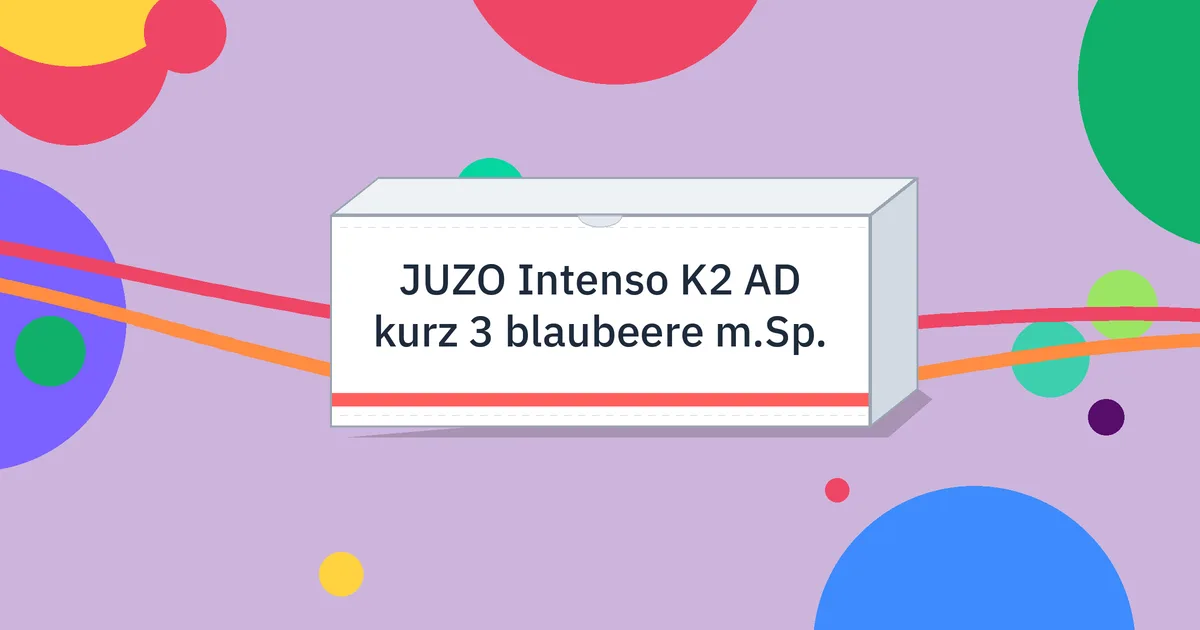 Symbolbild: Packung mit der Aufschrift JUZO Intenso K2 AD kurz 3 blaubeere m.Sp. (PZN 18607501) – Verfügbarkeit und Bezug in Apotheken in Frankfurt am Main