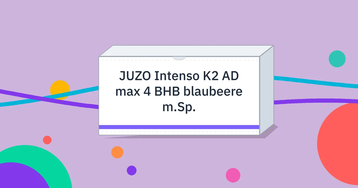Symbolbild: Packung mit der Aufschrift JUZO Intenso K2 AD max 4 BHB blaubeere m.Sp. (PZN 18616374) – Verfügbarkeit und Bezug in Apotheken in Frankfurt am Main