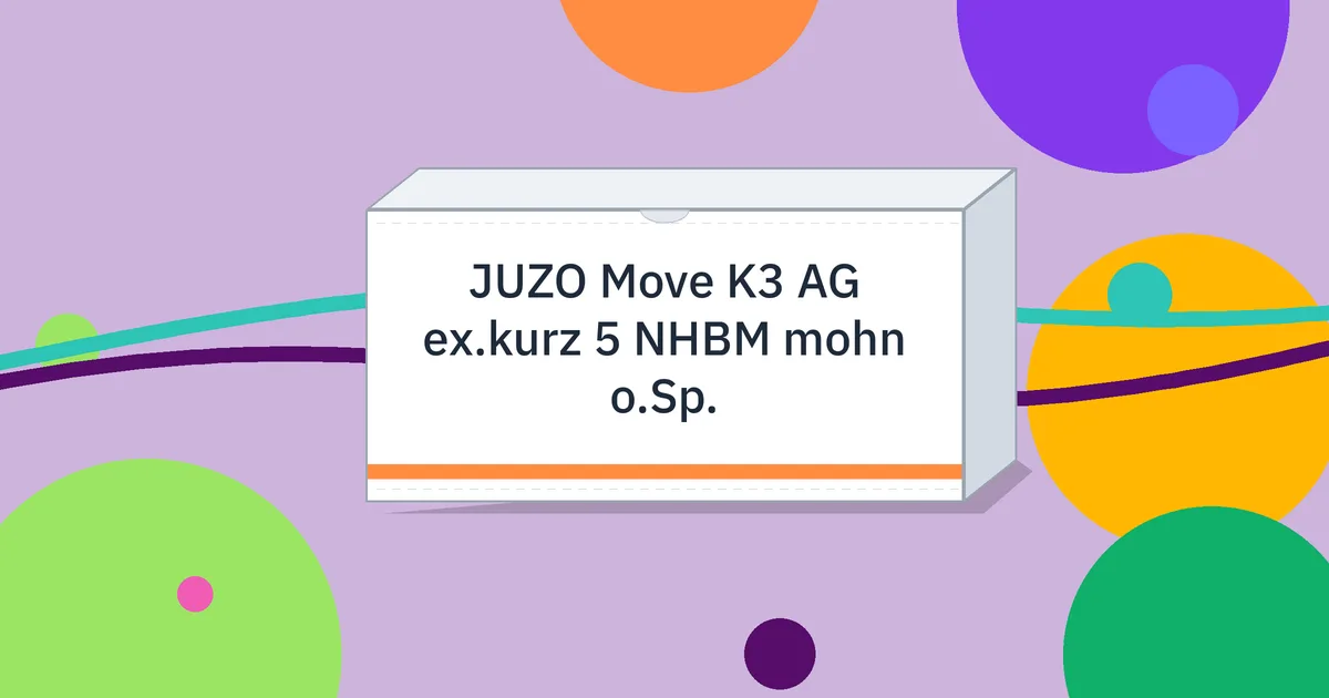 Symbolbild: Packung mit der Aufschrift JUZO Move K3 AG ex.kurz 5 NHBM mohn o.Sp. (PZN 18596559) – Verfügbarkeit und Bezug in Apotheken in Frankfurt am Main