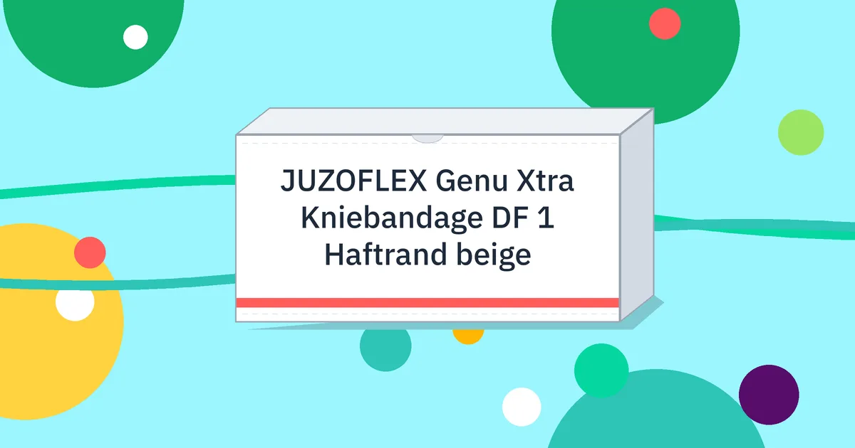 Symbolbild: Packung mit der Aufschrift JUZOFLEX Genu Xtra Kniebandage DF 1 Haftrand beige (PZN 16497333) – Verfügbarkeit und Bezug in Apotheken in Frankfurt am Main