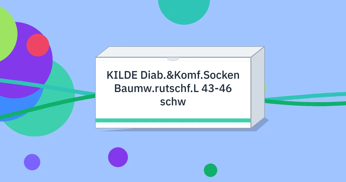 Symbolbild: Packung mit der Aufschrift KILDE Diab.&Komf.Socken Baumw.rutschf.L 43-46 schw (PZN 20823270) – Verfügbarkeit und Bezug in Apotheken in Frankfurt am Main