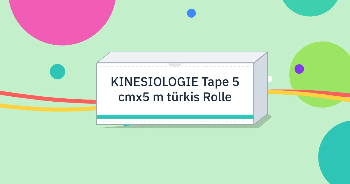Symbolbild: Packung mit der Aufschrift KINESIOLOGIE Tape 5 cmx5 m türkis Rolle (PZN 20634184) – Verfügbarkeit und Bezug in Apotheken in Frankfurt am Main