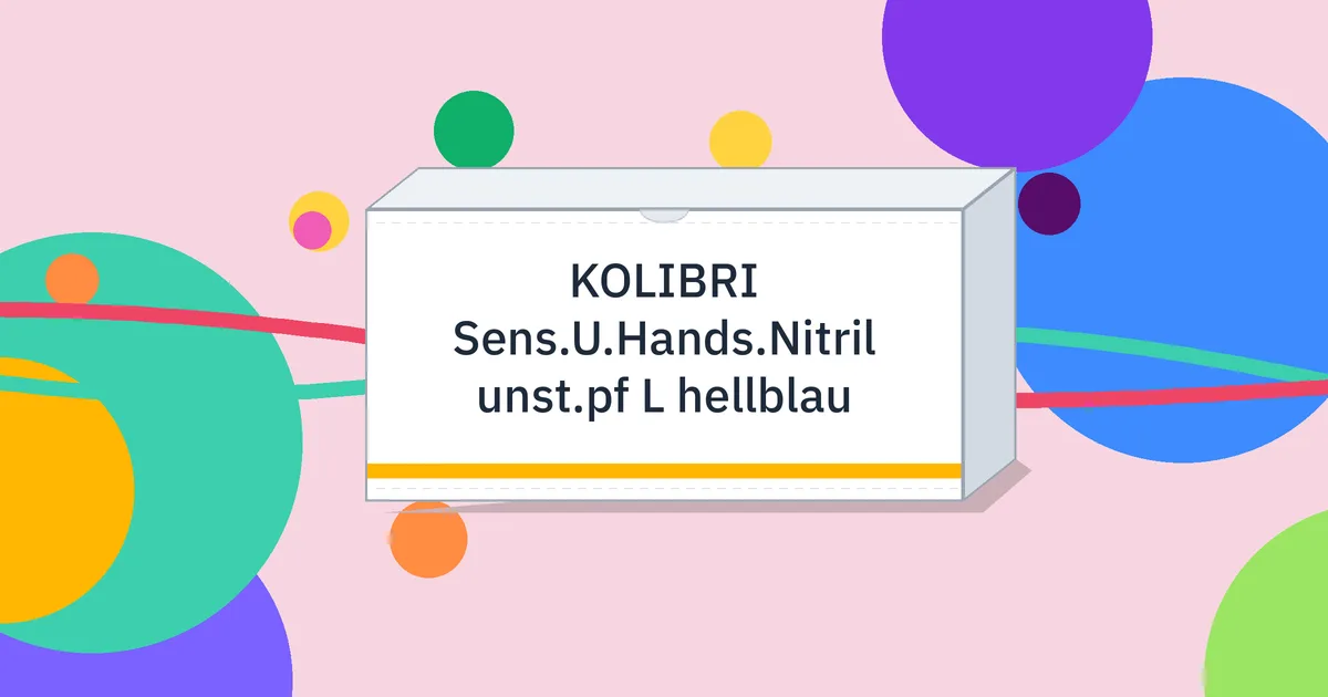 Symbolbild: Packung mit der Aufschrift KOLIBRI Sens.U.Hands.Nitril unst.pf L hellblau (PZN 19884817) – Verfügbarkeit und Bezug in Apotheken in Frankfurt am Main