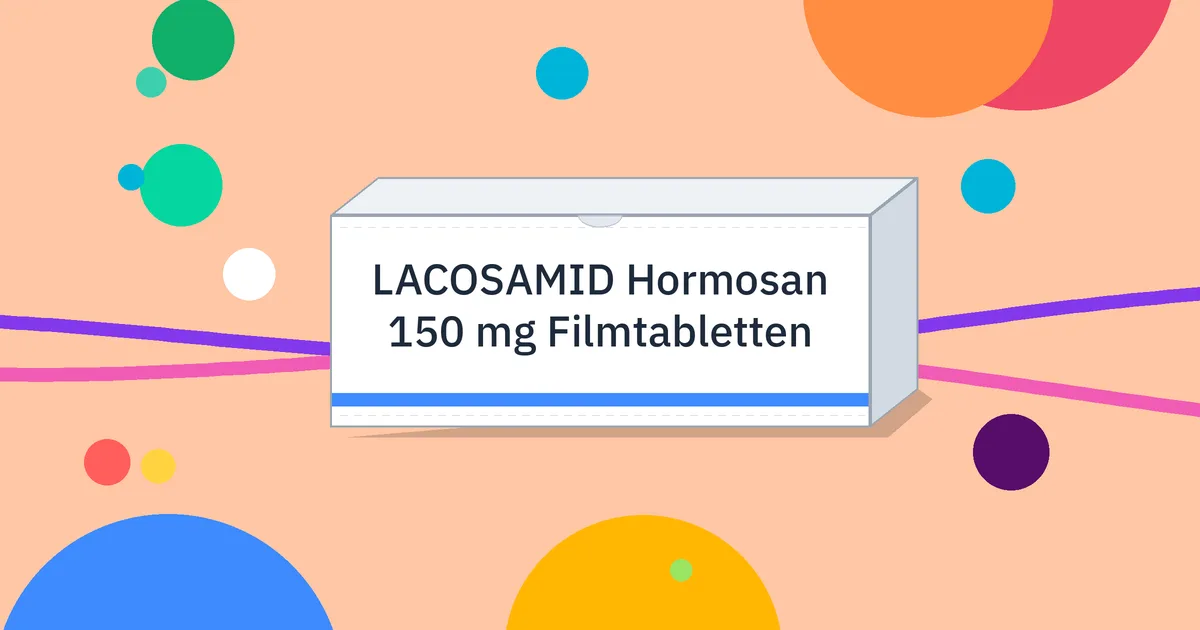 Symbolbild: Packung mit der Aufschrift LACOSAMID Hormosan 150 mg Filmtabletten (PZN 17941936) – Verfügbarkeit und Bezug in Apotheken in Frankfurt am Main