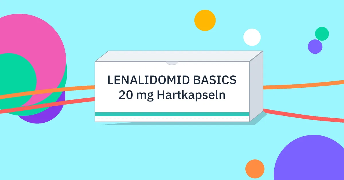 Symbolbild: Packung mit der Aufschrift LENALIDOMID BASICS 20 mg Hartkapseln (PZN 17816728) – Verfügbarkeit und Bezug in Apotheken in Frankfurt am Main