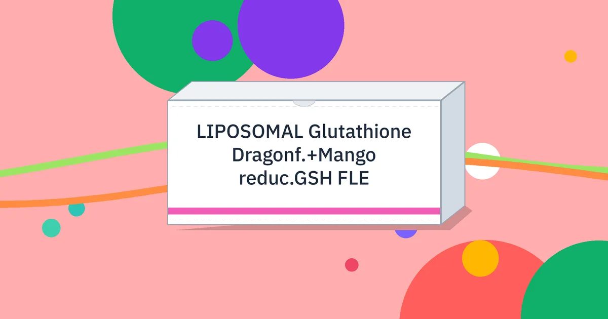 Symbolbild: Packung mit der Aufschrift LIPOSOMAL Glutathione Dragonf.+Mango reduc.GSH FLE (PZN 19365796) – Verfügbarkeit und Bezug in Apotheken in Frankfurt am Main