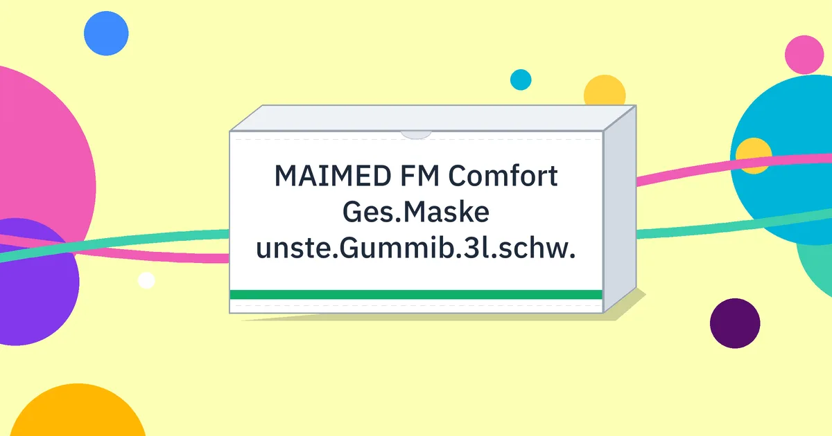 Symbolbild: Packung mit der Aufschrift MAIMED FM Comfort Ges.Maske unste.Gummib.3l.schw. (PZN 15655818) – Verfügbarkeit und Bezug in Apotheken in Frankfurt am Main