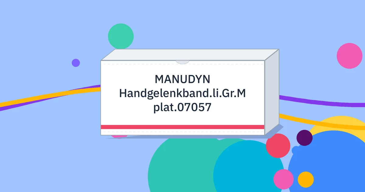 Symbolbild: Packung mit der Aufschrift MANUDYN Handgelenkband.li.Gr.M plat.07057 (PZN 06114845) – Verfügbarkeit und Bezug in Apotheken in Frankfurt am Main