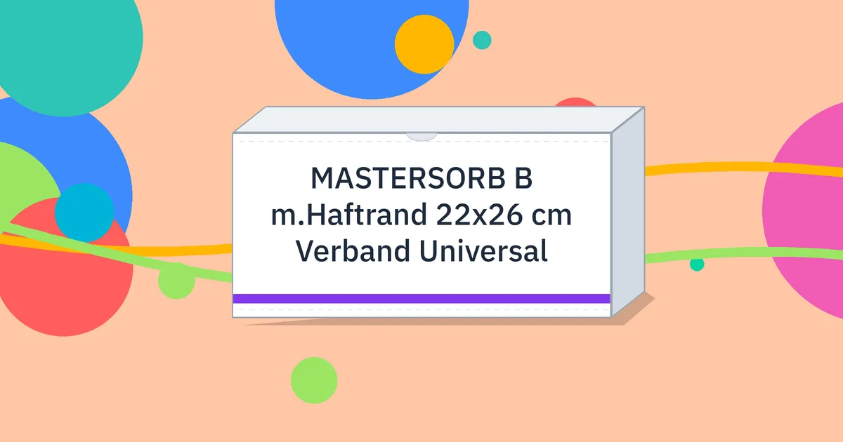 Symbolbild: Packung mit der Aufschrift MASTERSORB B m.Haftrand 22x26 cm Verband Universal (PZN 20391020) – Verfügbarkeit und Bezug in Apotheken in Frankfurt am Main