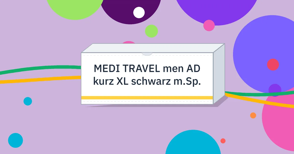 Symbolbild: Packung mit der Aufschrift MEDI TRAVEL men AD kurz XL schwarz m.Sp. (PZN 07677852) – Verfügbarkeit und Bezug in Apotheken in Frankfurt am Main