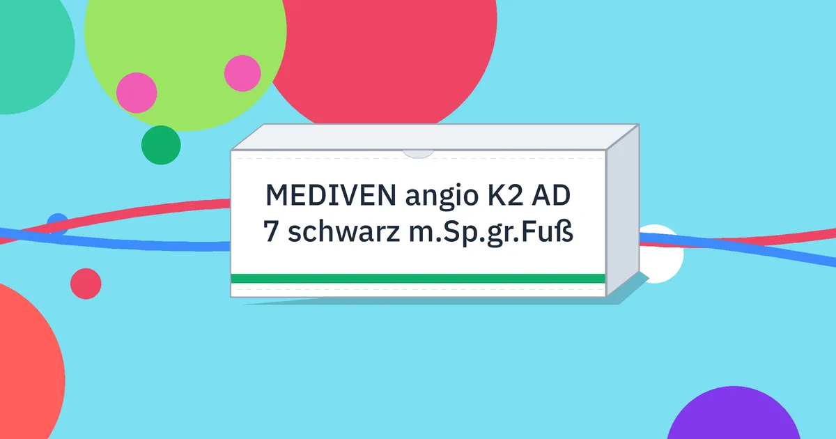Symbolbild: Packung mit der Aufschrift MEDIVEN angio K2 AD 7 schwarz m.Sp.gr.Fuß (PZN 17210919) – Verfügbarkeit und Bezug in Apotheken in Frankfurt am Main