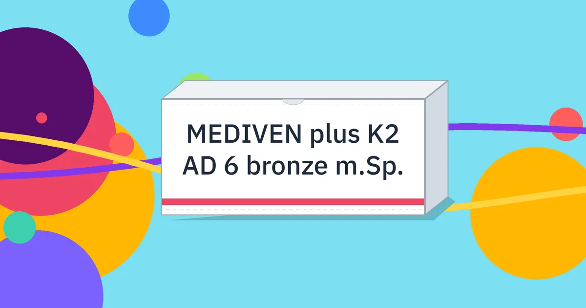 Symbolbild: Packung mit der Aufschrift MEDIVEN plus K2 AD 6 bronze m.Sp. (PZN 15093579) – Verfügbarkeit und Bezug in Apotheken in Frankfurt am Main