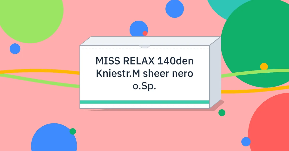 Symbolbild: Packung mit der Aufschrift MISS RELAX 140den Kniestr.M sheer nero o.Sp. (PZN 20289563) – Verfügbarkeit und Bezug in Apotheken in Frankfurt am Main