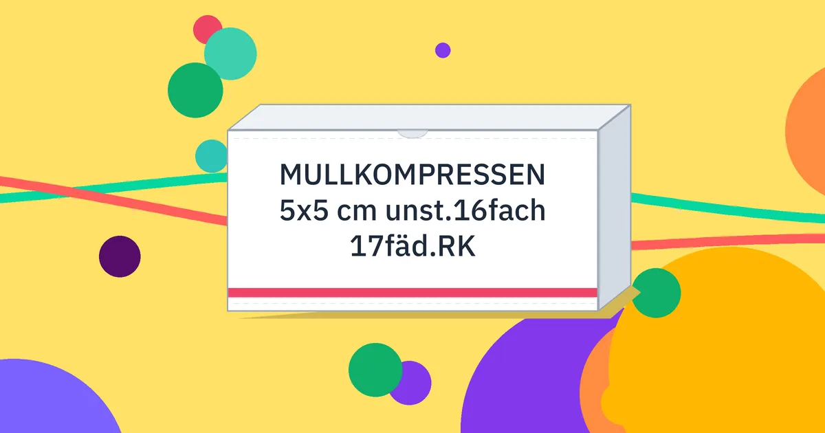 Symbolbild: Packung mit der Aufschrift MULLKOMPRESSEN 5x5 cm unst.16fach 17fäd.RK (PZN 06928683) – Verfügbarkeit und Bezug in Apotheken in Frankfurt am Main