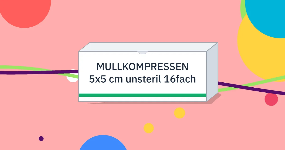 Symbolbild: Packung mit der Aufschrift MULLKOMPRESSEN 5x5 cm unsteril 16fach (PZN 07099361) – Verfügbarkeit und Bezug in Apotheken in Frankfurt am Main
