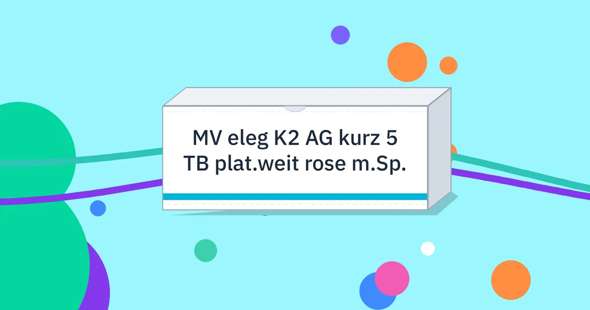 Symbolbild: Packung mit der Aufschrift MV eleg K2 AG kurz 5 TB plat.weit rose m.Sp. (PZN 14696689) – Verfügbarkeit und Bezug in Apotheken in Frankfurt am Main