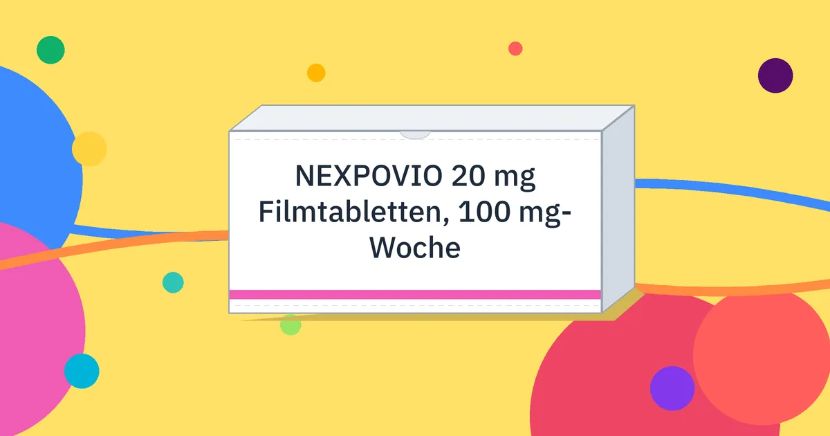 Symbolbild: Packung mit der Aufschrift NEXPOVIO 20 mg Filmtabletten, 100 mg-Woche (PZN 18093491) – Verfügbarkeit und Bezug in Apotheken in Frankfurt am Main