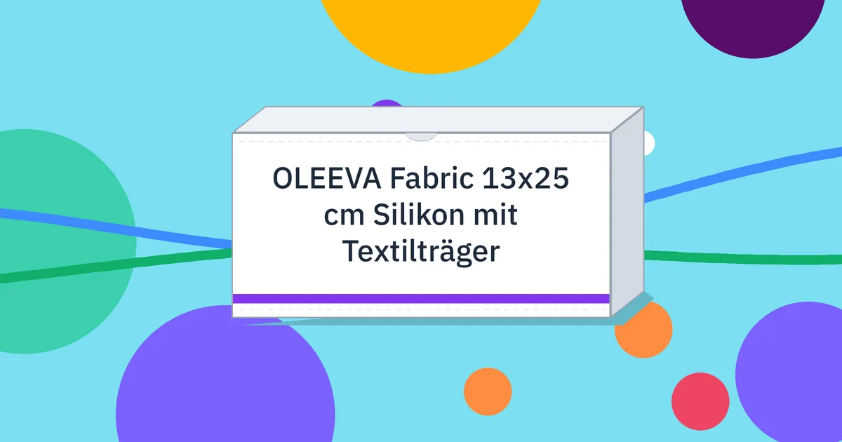 Symbolbild: Packung mit der Aufschrift OLEEVA Fabric 13x25 cm Silikon mit Textilträger (PZN 11616230) – Verfügbarkeit und Bezug in Apotheken in Frankfurt am Main