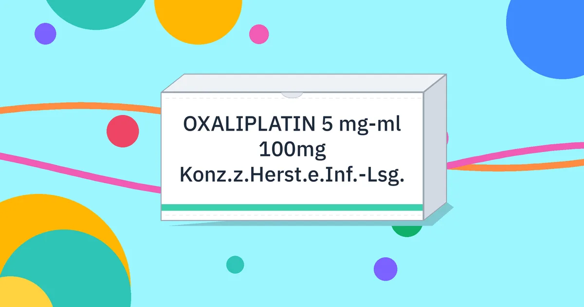 Symbolbild: Packung mit der Aufschrift OXALIPLATIN 5 mg-ml 100mg Konz.z.Herst.e.Inf.-Lsg. (PZN 18333481) – Verfügbarkeit und Bezug in Apotheken in Frankfurt am Main