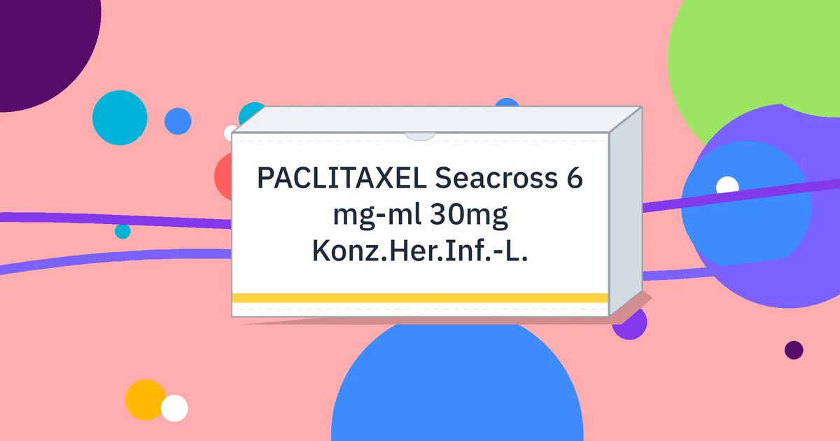Symbolbild: Packung mit der Aufschrift PACLITAXEL Seacross 6 mg-ml 30mg Konz.Her.Inf.-L. (PZN 18198095) – Verfügbarkeit und Bezug in Apotheken in Frankfurt am Main