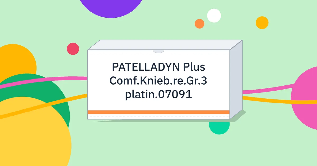 Symbolbild: Packung mit der Aufschrift PATELLADYN Plus Comf.Knieb.re.Gr.3 platin.07091 (PZN 18904601) – Verfügbarkeit und Bezug in Apotheken in Frankfurt am Main