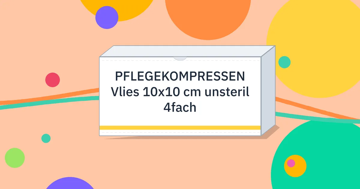 Symbolbild: Packung mit der Aufschrift PFLEGEKOMPRESSEN Vlies 10x10 cm unsteril 4fach (PZN 11228232) – Verfügbarkeit und Bezug in Apotheken in Frankfurt am Main