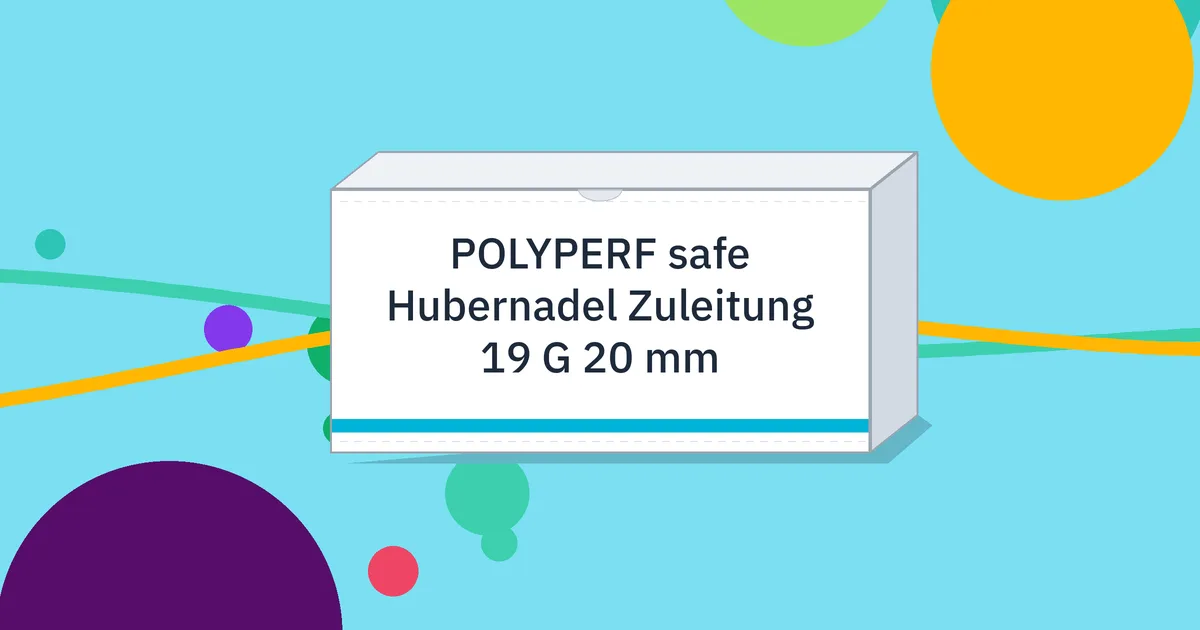 Symbolbild: Packung mit der Aufschrift POLYPERF safe Hubernadel Zuleitung 19 G 20 mm (PZN 12426307) – Verfügbarkeit und Bezug in Apotheken in Frankfurt am Main
