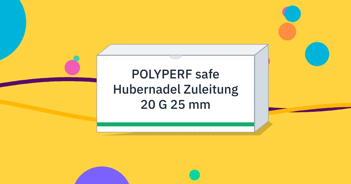 Symbolbild: Packung mit der Aufschrift POLYPERF safe Hubernadel Zuleitung 20 G 25 mm (PZN 13866362) – Verfügbarkeit und Bezug in Apotheken in Frankfurt am Main