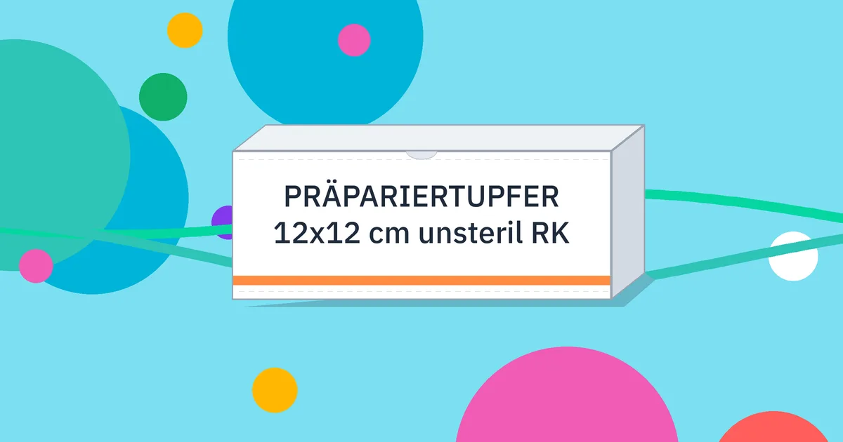 Symbolbild: Packung mit der Aufschrift PRÄPARIERTUPFER 12x12 cm unsteril RK (PZN 13583486) – Verfügbarkeit und Bezug in Apotheken in Frankfurt am Main