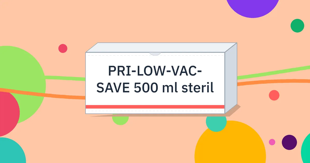 Symbolbild: Packung mit der Aufschrift PRI-LOW-VAC-SAVE 500 ml steril (PZN 10343451) – Verfügbarkeit und Bezug in Apotheken in Frankfurt am Main