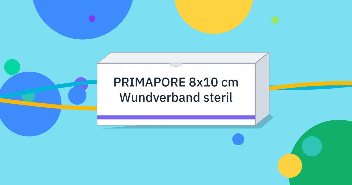 Symbolbild: Packung mit der Aufschrift PRIMAPORE 8x10 cm Wundverband steril (PZN 03305651) – Verfügbarkeit und Bezug in Apotheken in Frankfurt am Main