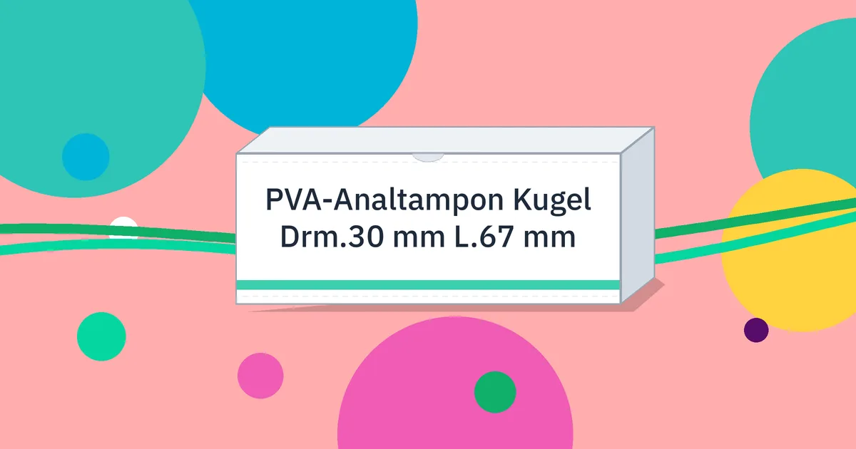 Symbolbild: Packung mit der Aufschrift PVA-Analtampon Kugel Drm.30 mm L.67 mm (PZN 12551219) – Verfügbarkeit und Bezug in Apotheken in Frankfurt am Main