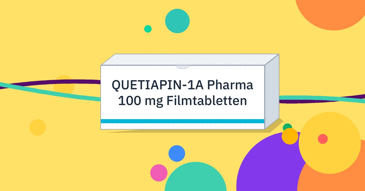 Symbolbild: Packung mit der Aufschrift QUETIAPIN-1A Pharma 100 mg Filmtabletten (PZN 09494788) – Verfügbarkeit und Bezug in Apotheken in Frankfurt am Main