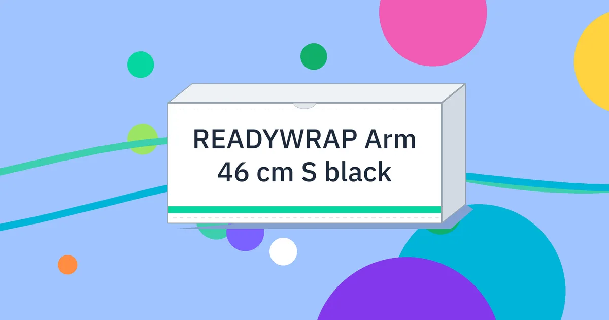 Symbolbild: Packung mit der Aufschrift READYWRAP Arm 46 cm S black (PZN 16567370) – Verfügbarkeit und Bezug in Apotheken in Frankfurt am Main