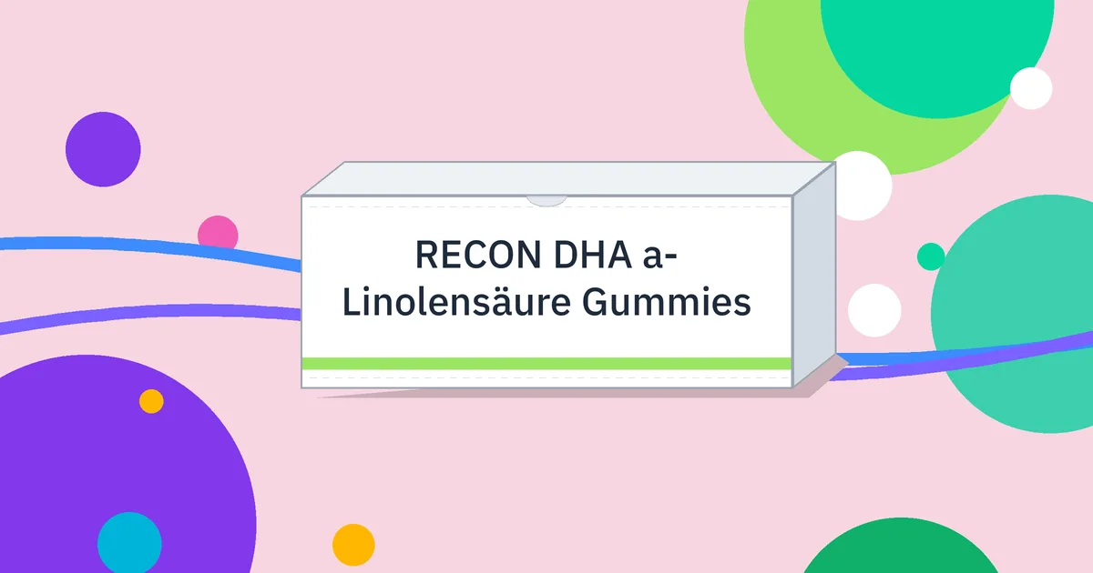 Symbolbild: Packung mit der Aufschrift RECON DHA a-Linolensäure Gummies (PZN 20321255) – Verfügbarkeit und Bezug in Apotheken in Frankfurt am Main