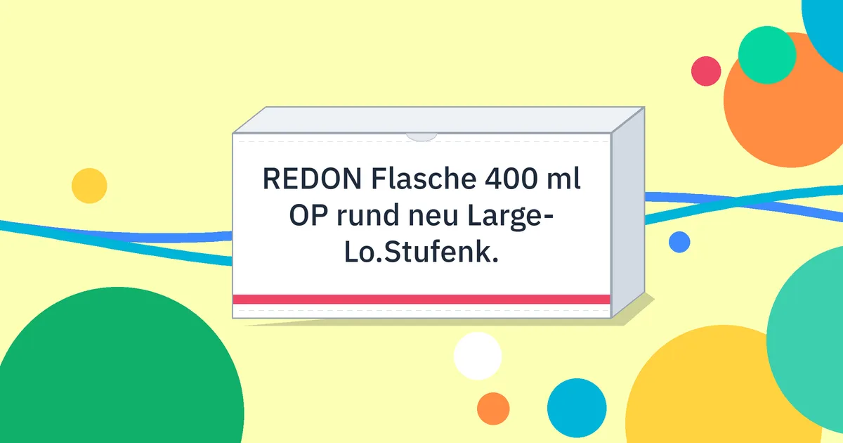 Symbolbild: Packung mit der Aufschrift REDON Flasche 400 ml OP rund neu Large-Lo.Stufenk. (PZN 14305861) – Verfügbarkeit und Bezug in Apotheken in Frankfurt am Main